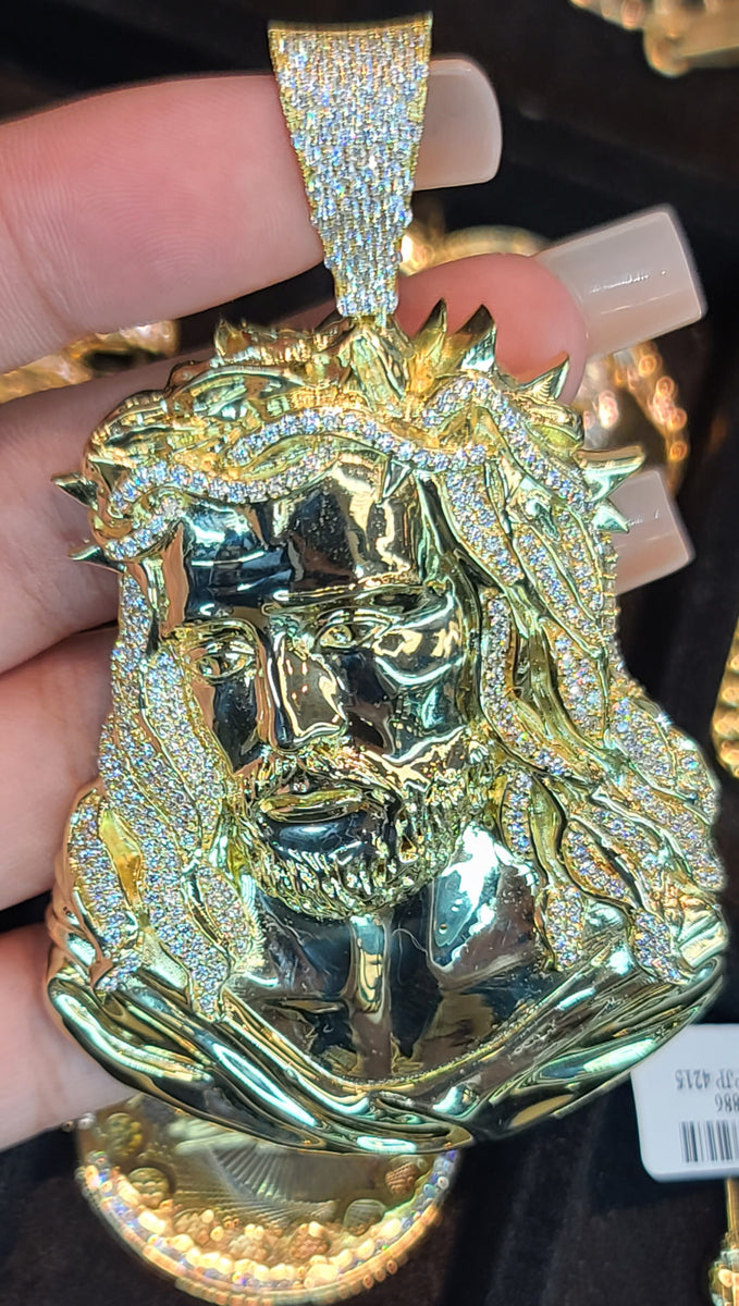 Yellow Gold Jesus Face with CZs pendant TAMAYO GOLD LLC